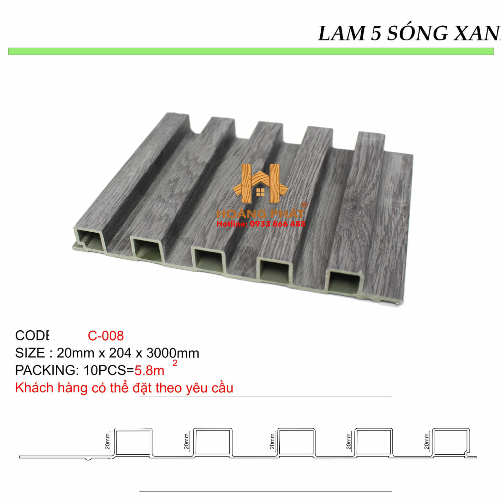 Tấm Ốp Lam 5 Sóng Cốt Xanh Cao Cấp - Sàn Gỗ Hoàng Phát